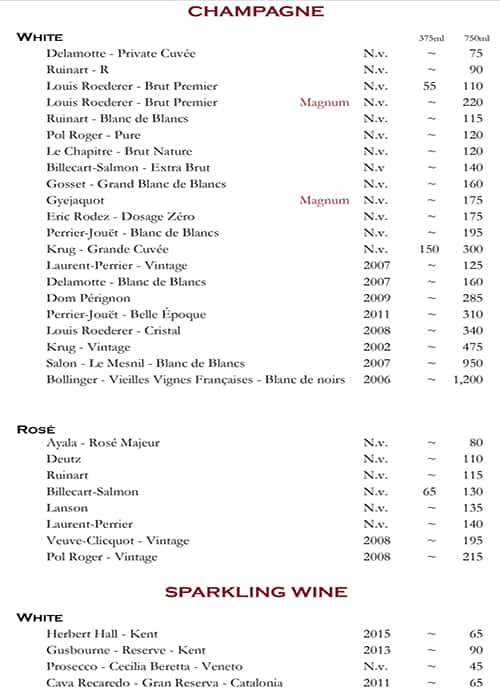 Menu at J Sheekey restaurant, London