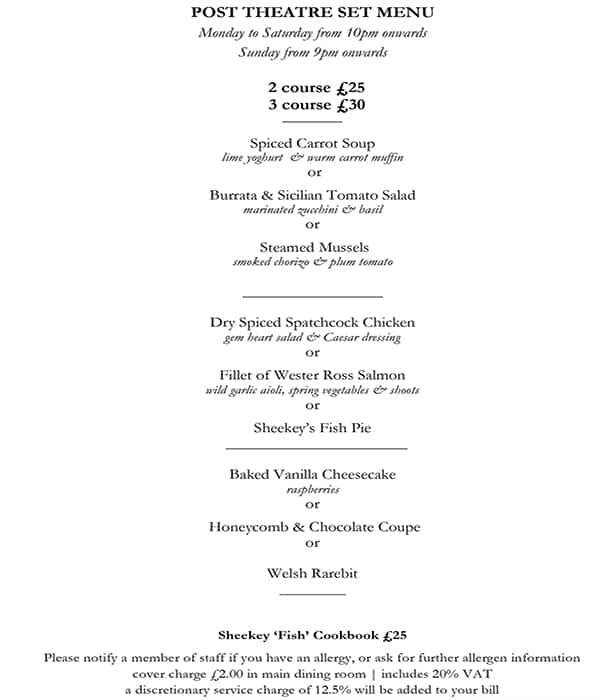 Menu at J Sheekey restaurant, London