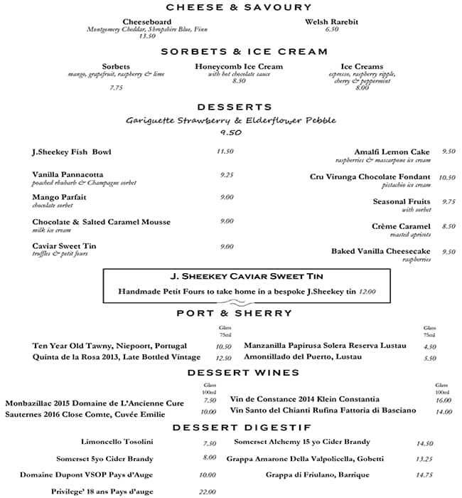 Menu at J Sheekey restaurant, London