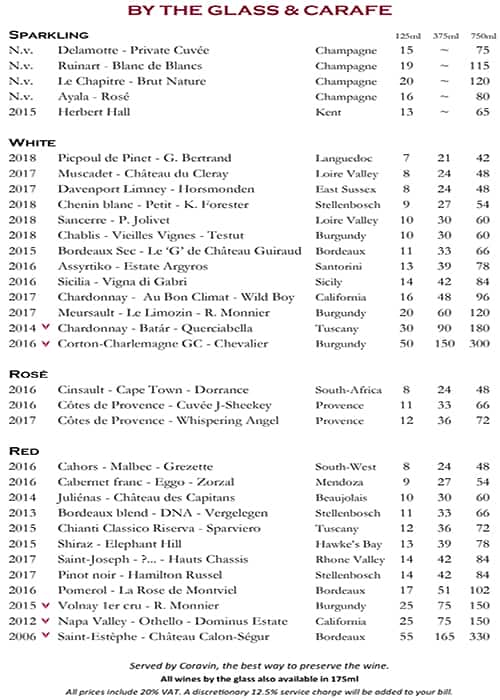 Menu at J Sheekey restaurant, London