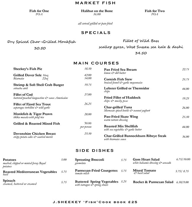 Menu at J Sheekey restaurant, London