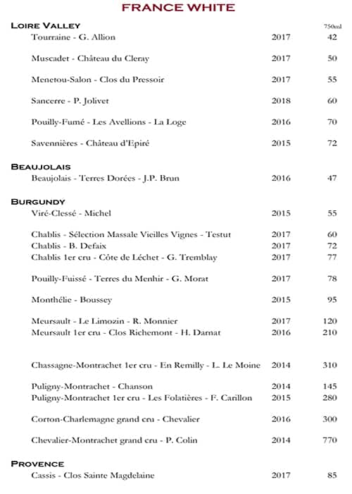 Menu at J Sheekey restaurant, London