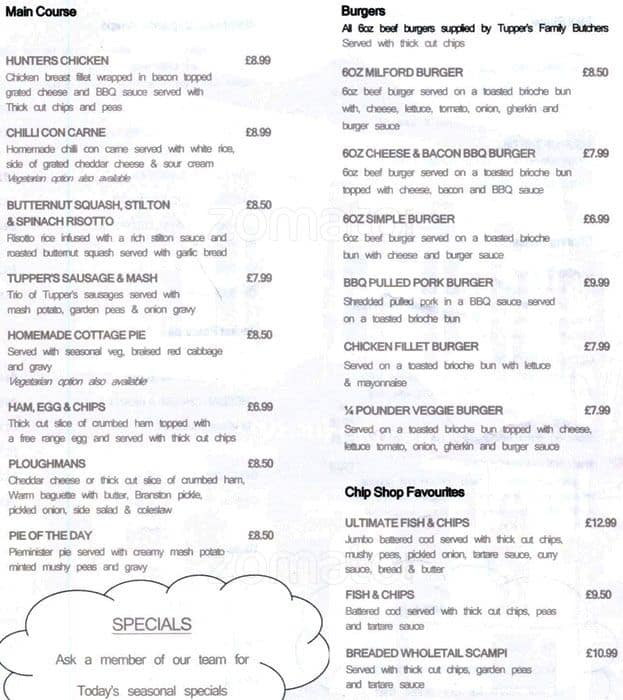 Menu at Milford Arms pub & bar, Isleworth