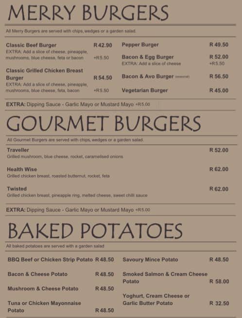 Menu at MerryPak Coffee Shop cafe, Cape Town