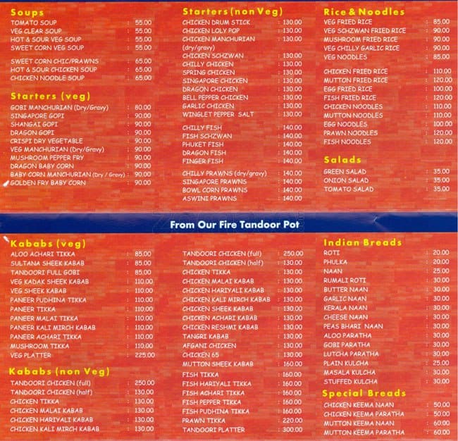 Menu at Red Fort, Chennai