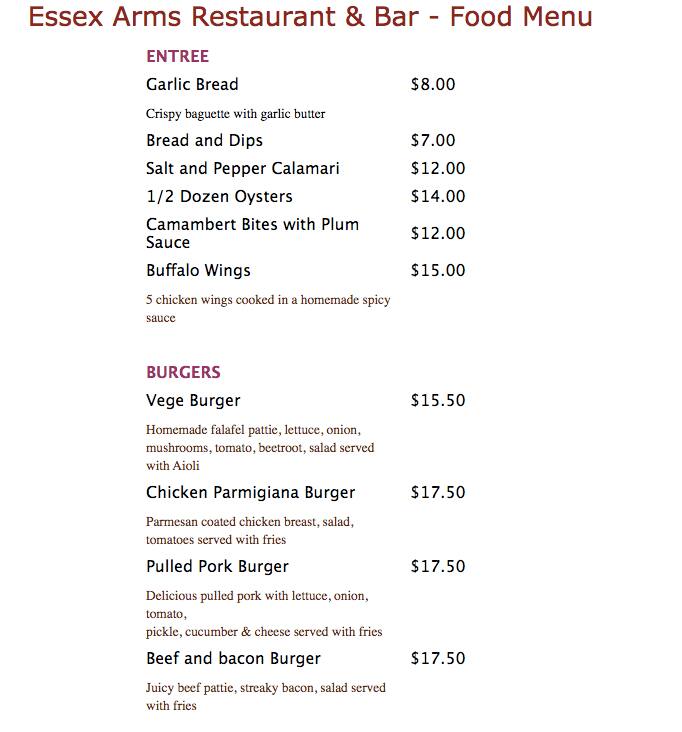 Menu at The Essex Arms Huntly pub & bar, Huntly