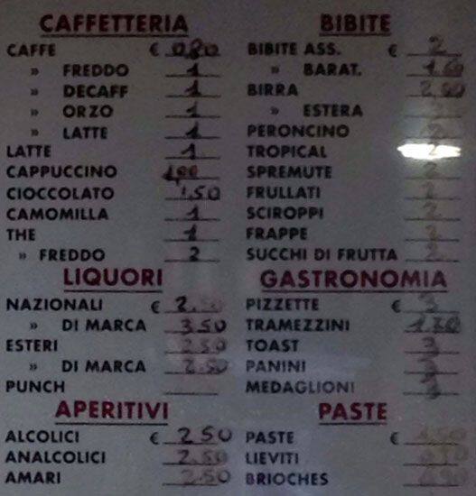 Menu at Australian Bar, Rome