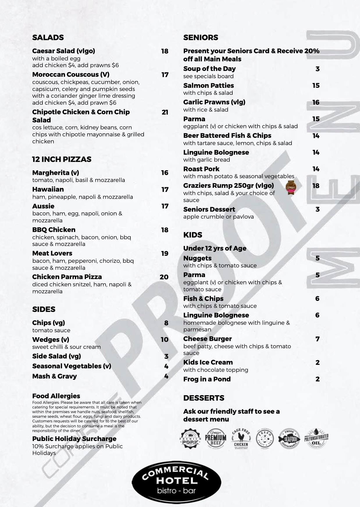 Menu at Commercial Hotel pub & bar, South Morang