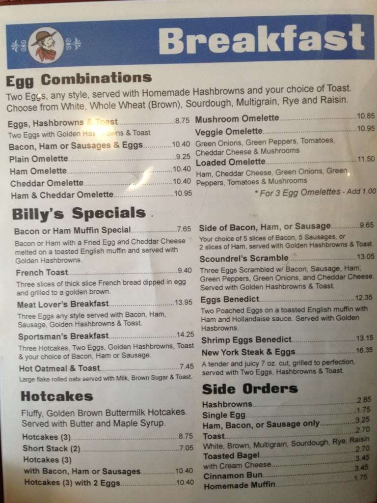 Billy's Family Restaurant Menu - Urbanspoon/Zomato