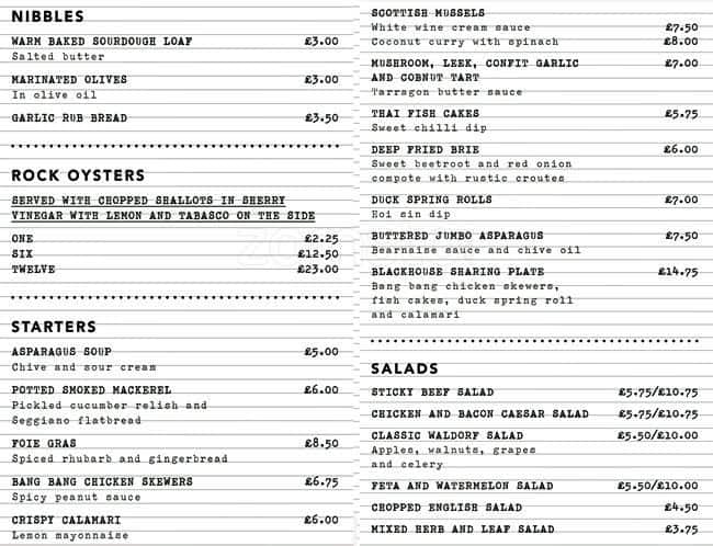 Menu at Blackhouse steakhouse, Leeds