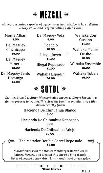 Menu at The Matador pub & bar, Redmond