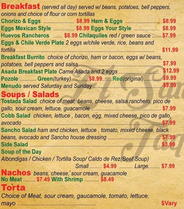 Menu at El Sancho Loco Taqueria restaurant, Thousand Oaks, Michael Dr