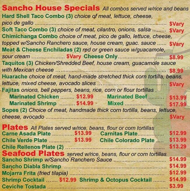 Menu at El Sancho Loco Taqueria restaurant, Thousand Oaks, Michael Dr