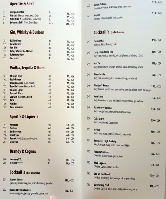 Menu at KOI Cafe, Prague