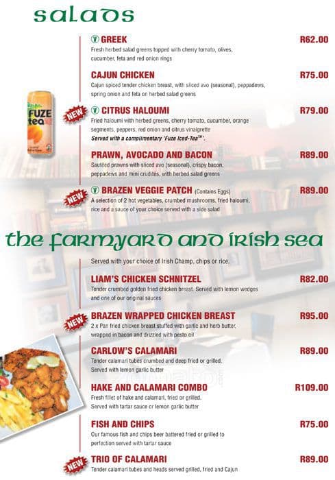 Menu at Copper Clover restaurant, Bloemfontein