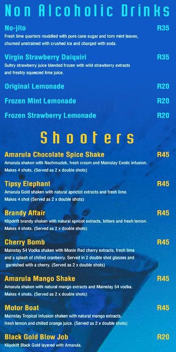 Menu at Copper Clover restaurant, Bloemfontein