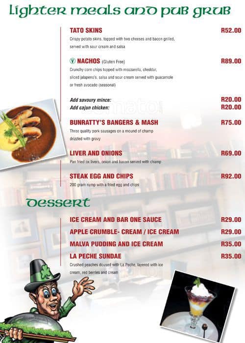 Menu at Copper Clover restaurant, Bloemfontein