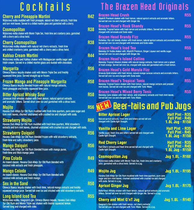 Menu at Copper Clover restaurant, Bloemfontein