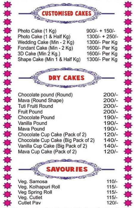 Menu of Your's Cake Shop, Juhu, Mumbai