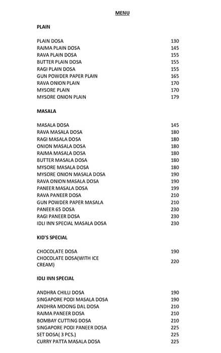 Menu of Idli Inn, Sector 67, Mohali