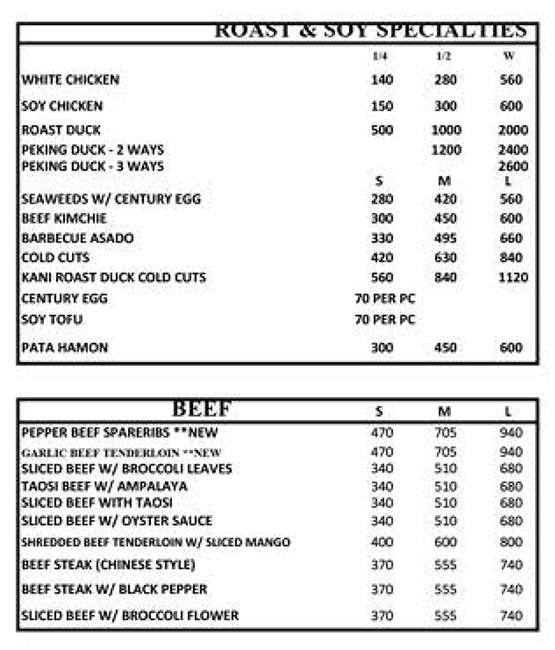 Menu at King Bee restaurant, Quezon City, Lot 24