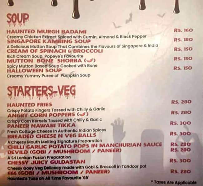 Menu of Haunted, Anna Nagar East, Chennai