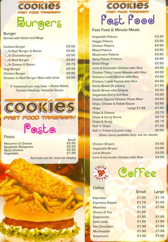 Menu at Cookies Takeaway restaurant, Glasgow