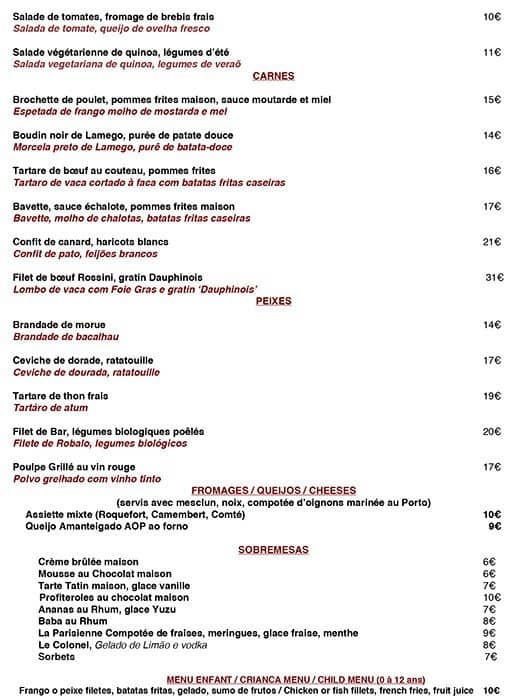 Menu at La Parisienne restaurant, Lisbon