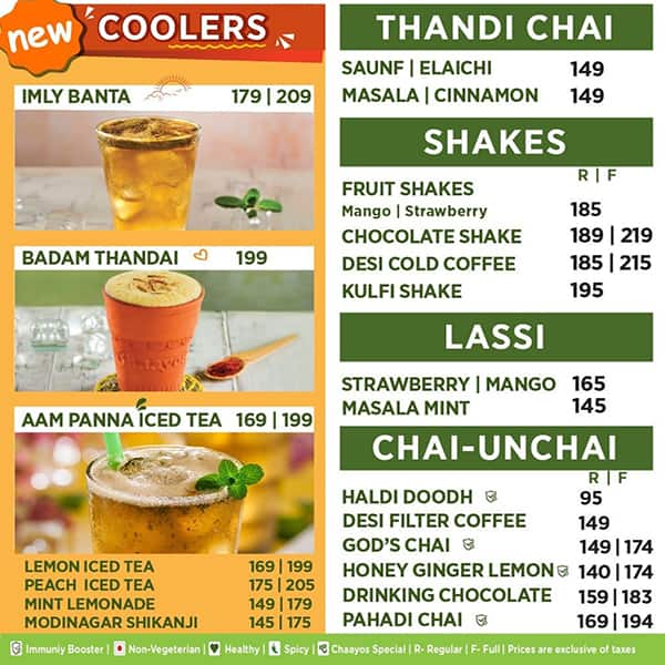 Menu of Chaayos Chai+Snacks=Relax, VIP Road, Zirakpur