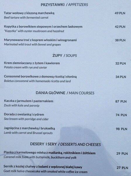 Menu at Restauracja Belvedere cafe, Warsaw