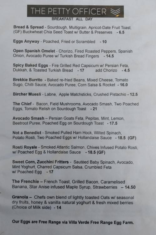 Menu at The Petty Officer restaurant, Albert Park