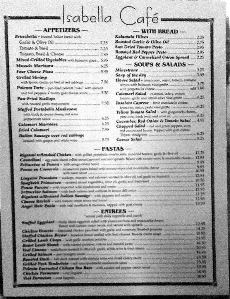 Isabella Cafe menu, Menu restauracji Isabella Cafe, Tinley Park ...