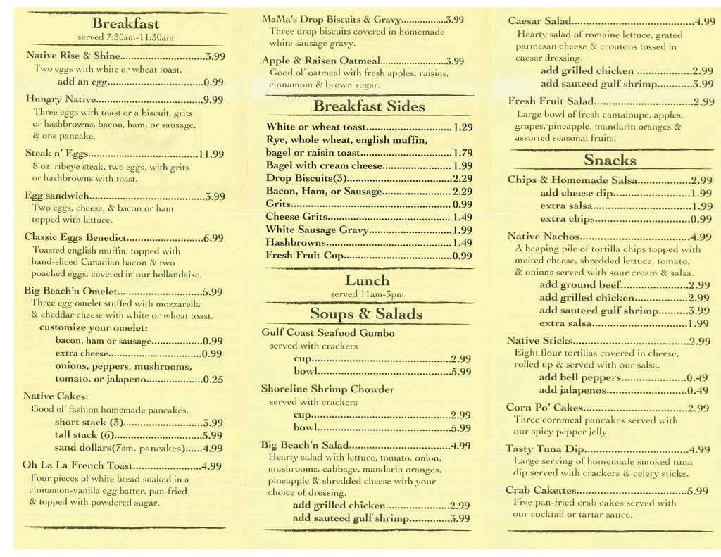 Menu at Native Cafe, Pensacola Beach