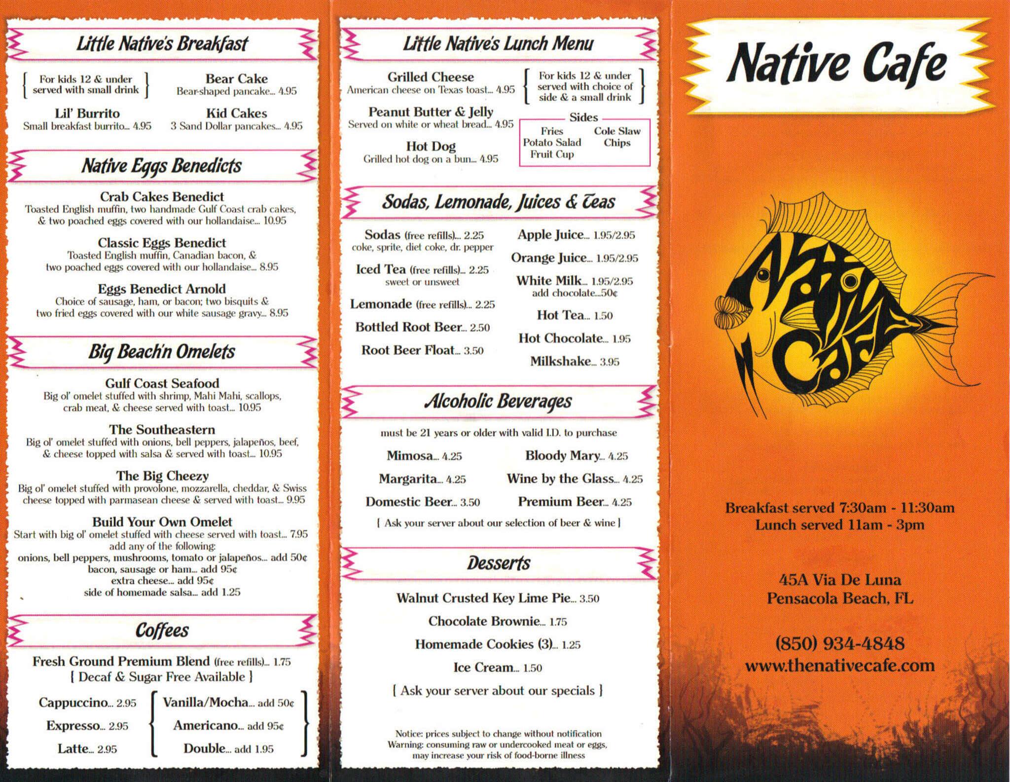 Menu at Native Cafe, Pensacola Beach
