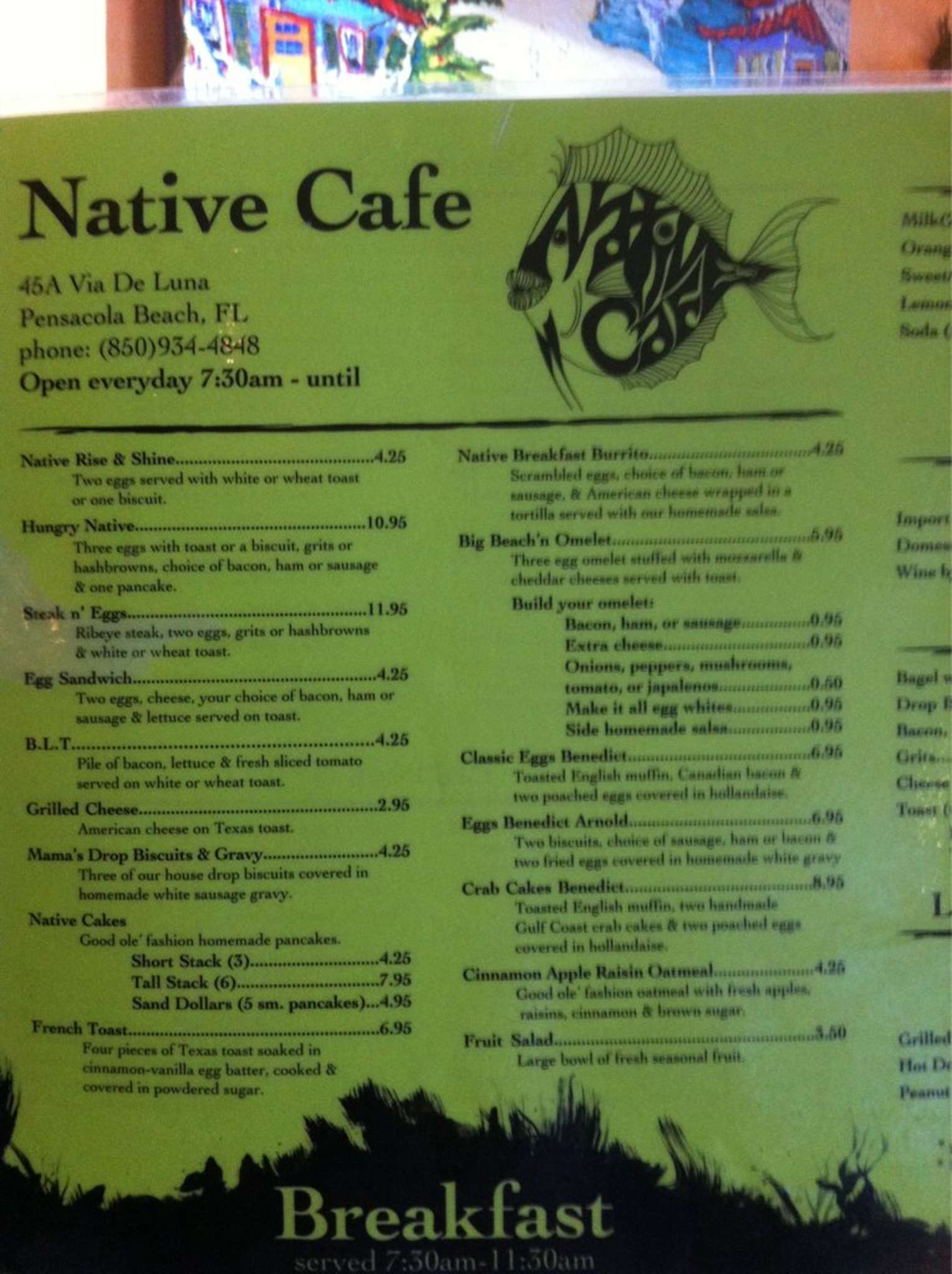 Menu at Native Cafe, Pensacola Beach