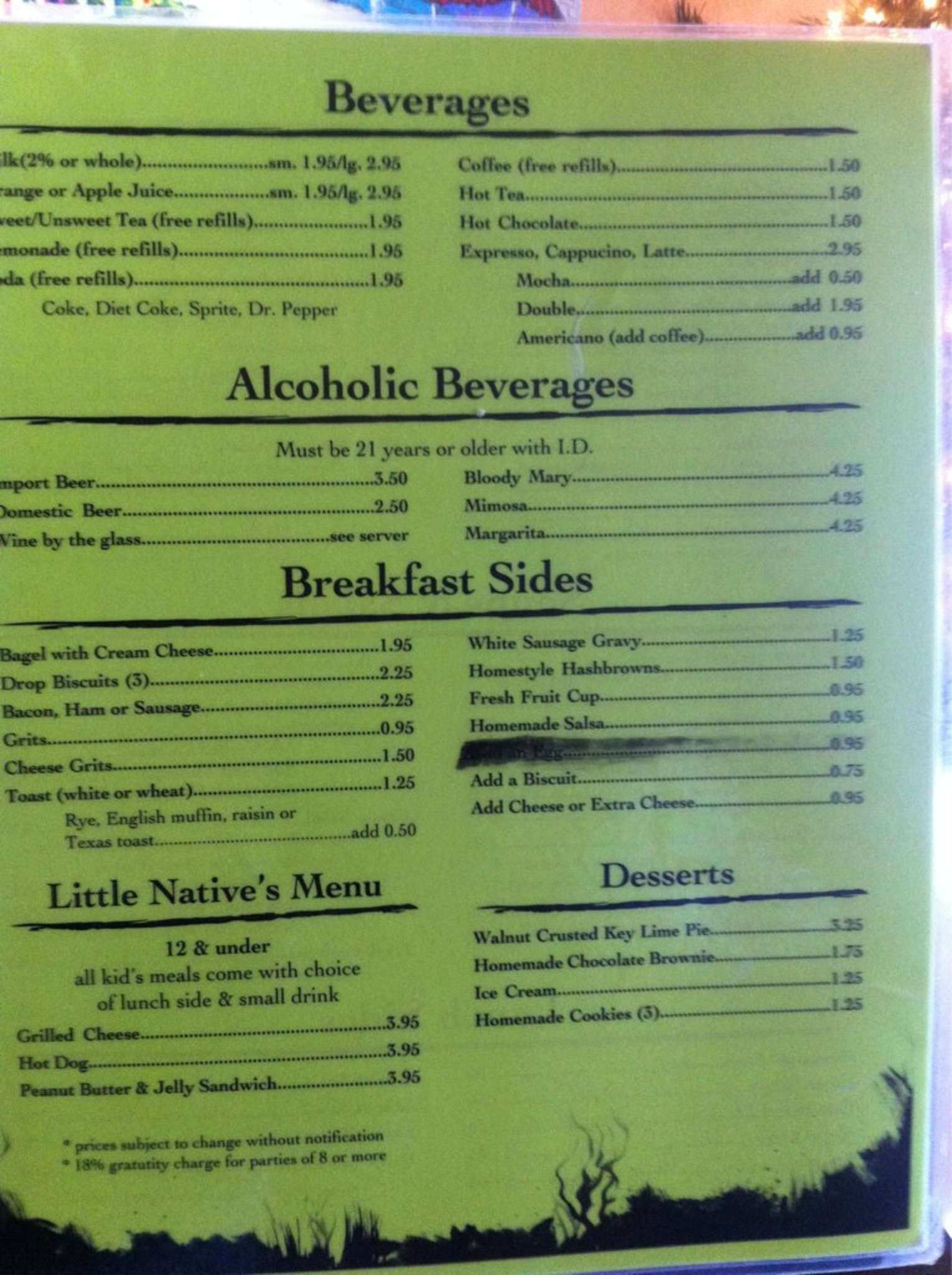 Menu at Native Cafe, Pensacola Beach