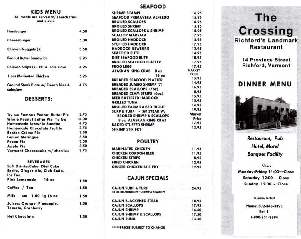 Menu at The Crossing restaurant, Richford