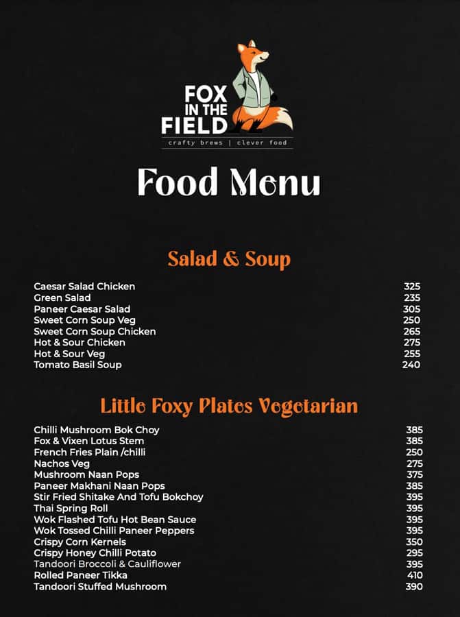 Menu of Fox In The Field, Whitefield, Bangalore