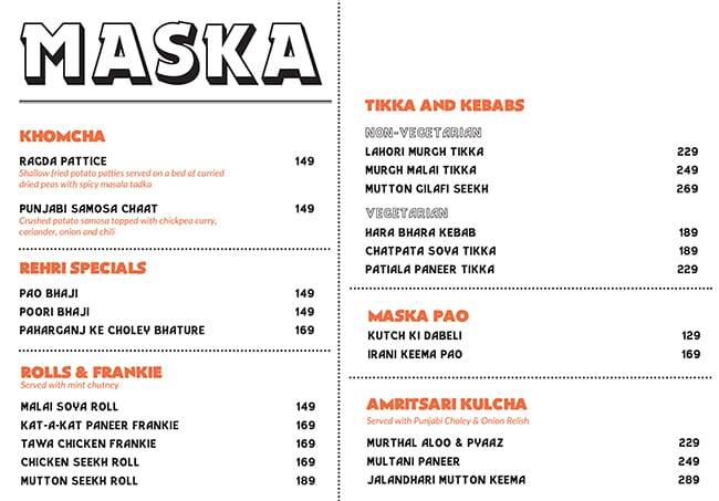 Menu of Maska, Connaught Place, New Delhi