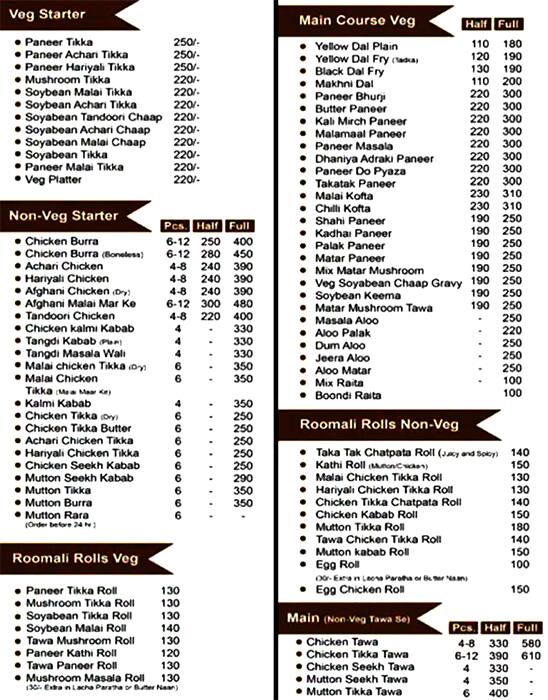 Menu of Royal Haveli Restaurant, Sector 29, Gurgaon