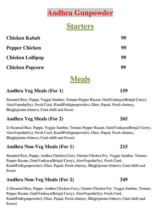 Menu of Andhra Gunpowder, Indiranagar, Bangalore