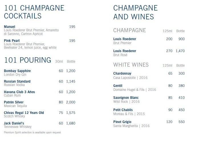 Menu at 101 Dining Lounge and Marina pub & bar, Dubai