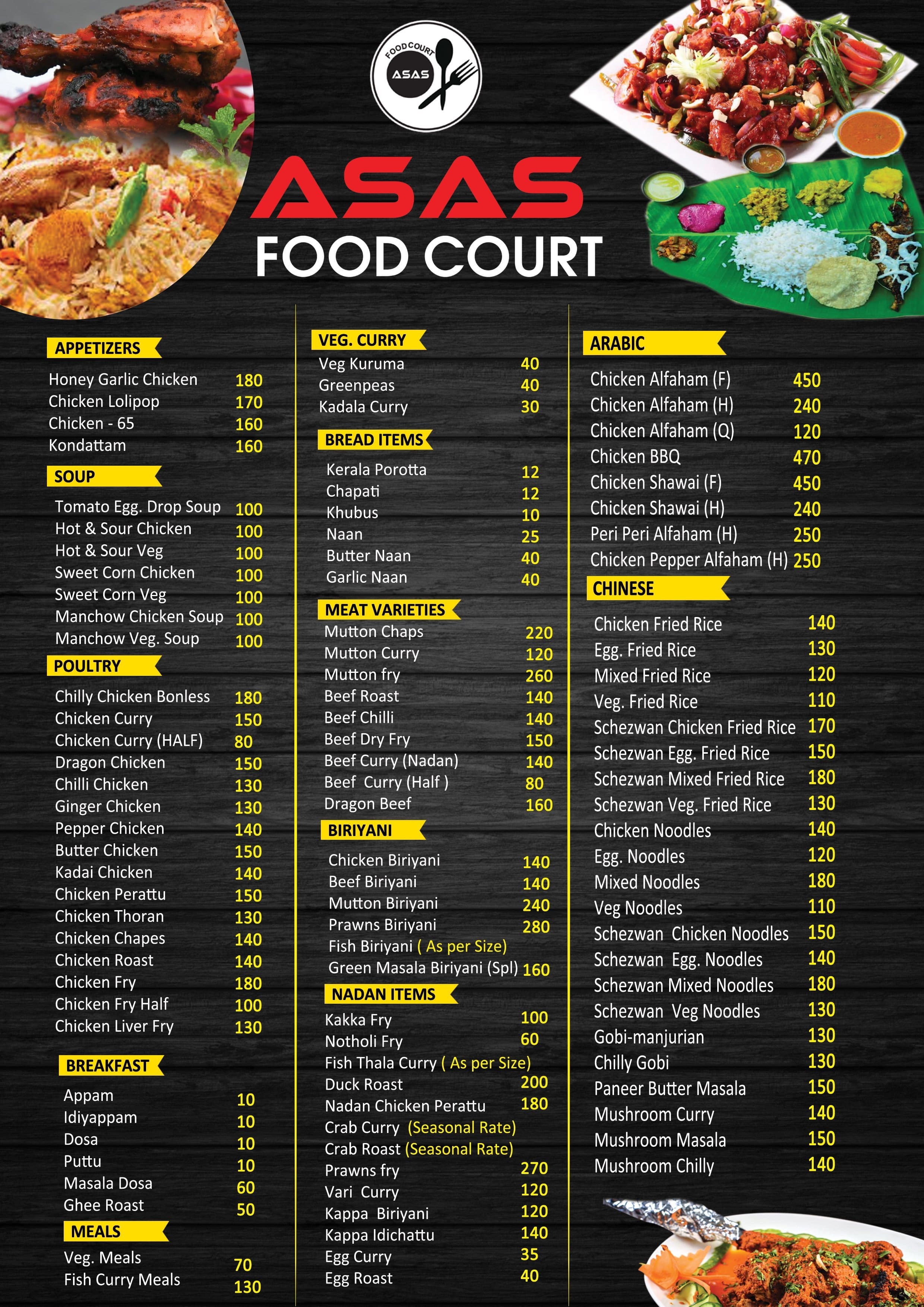 Menu of Asas Food Court, Palayam, Trivandrum