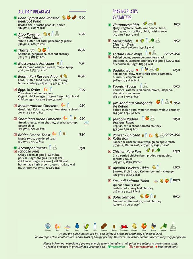 Menu of Shamiana - The Taj Mahal Palace, Colaba, Mumbai
