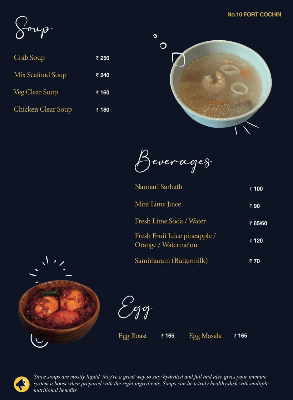 Menu of No.10 Fort Cochin, St. Marks Road, Bangalore