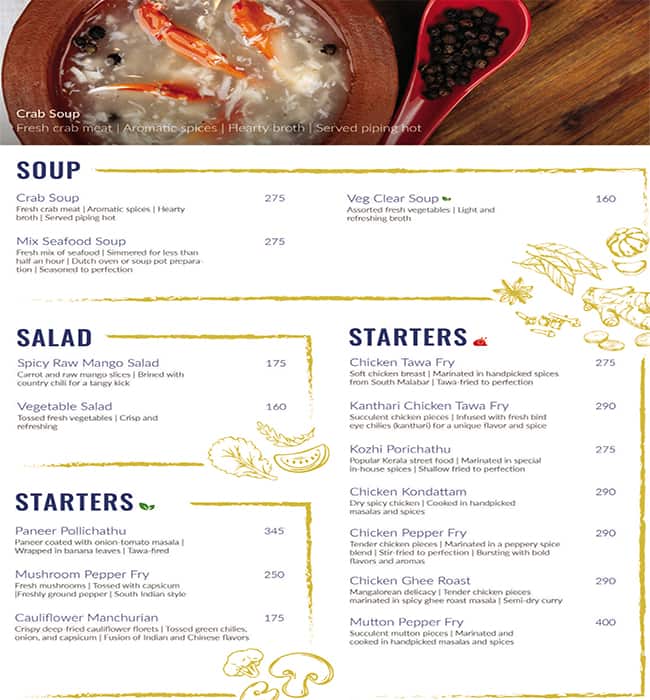 Menu of No.10 Fort Cochin, St. Marks Road, Bangalore