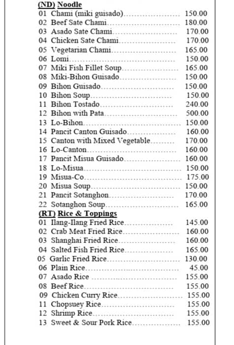 Menu at Ilang-Ilang Restaurant, Manila, 551 Ilang-Ilang St