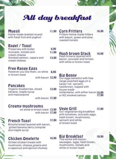 Menu at The Cozy Cafeteria, Auckland