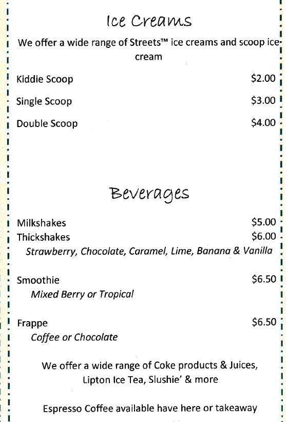 Menu at Waiwera Poolside Cafe, Auckland