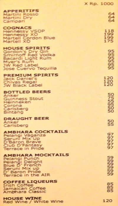 Menu at Cafe de France - Ambhara Hotel, Jakarta